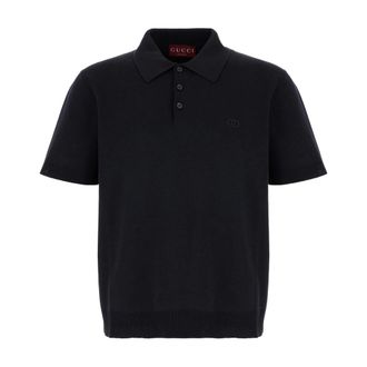 Gucci Seiden-Baumwoll-Polohemd mit Stickerei - - Tops - Herren - Blau - L
