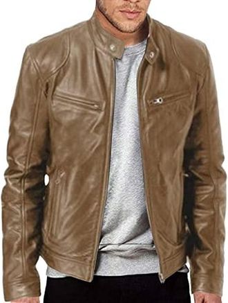 Generic Veste de moto en cuir synthétique pour homme - Manches longues - Fermeture éclair - Coupe ajustée - Coupe-vent - Vintage - Léger - Revers, kaki, 5XL