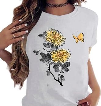 Keephen Papillon avec Fleurs T-Shirt Femmes Esth&eacute;tique Papillon Impression 3D T-Shirt Manches Courtes Col Rond Streetwear Dames &Eacute;t&eacute; Mignon Tops