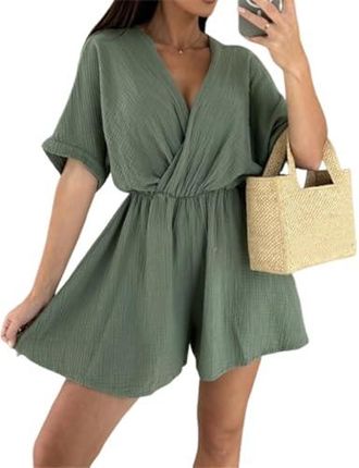 Generic Short cache-coeur à col en V pour femme - Combinaison dété ample à manches courtes - Short fluide - Tenue de vacances de plage 2025, Vert, XL