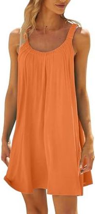 Generic Robe de plage mi-longue pour femme, couleur unie, sans manches, dos nu, caraco, Orange, S