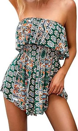 Generic Robes boh&egrave;me d&eacute;t&eacute; 2026 pour femmes, combinaison tendance d&eacute;contract&eacute;e &agrave; une ligne avec imprim&eacute; boh&egrave;me, Vert, XL