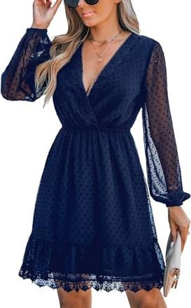 Cupshe Robe pour femme en dentelle - Col en V profond - Transparent - Manches longues - Robe d&eacute;contract&eacute;e - Volants - Ligne A - &Eacute;l&eacute;gante - Mini robe dautomne