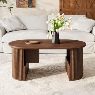 Liberte Table basse ovale bois 105 cm avec rangements int&eacute;gr&eacute;s style r&eacute;tro moderne