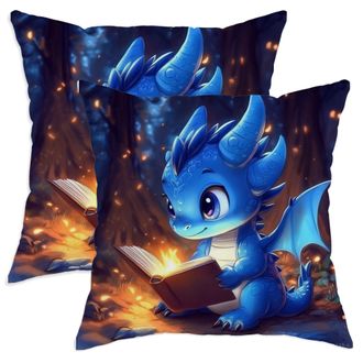 Generic Niedliche blaue Drachen-Kissenbez&uuml;ge, 2er-Set, Fantasy-Drachen, Lese-Dekor, &Uuml;berwurf-Kissenbez&uuml;ge, gem&uuml;tlich, f&uuml;r Kinderzimmer, Sofa, Couch, 71,1 x 71