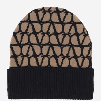 Valentino Garavani Womens Cashmere Knitted Beanie Toile Iconographe Camel Hat