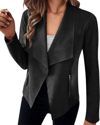 ORANDESIGNE Blousons Femme Crop Veste en Daim Slim Manteau avec Poches Zippé Léger Casual Manche Longue Col Revers Veste de Motard Manteau Courte Veste Suedine Pr