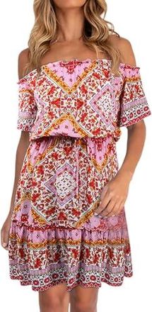 Generic Robe boh&egrave;me 2026 pour femmes, robe d&eacute;t&eacute; d&eacute;contract&eacute;e &agrave; manches courtes et &eacute;paules d&eacute;nud&eacute;es avec poches, Rouge, 3XL