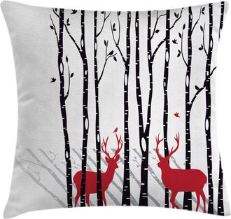 Abakuhaus Hirsch Kissenbezug, Deer Baum Waldvogel, Kissenhülle mit Reißverschluss Waschbar Farbfest Beidseitiger Druck, 50 x 50 cm, Schwarz Weiß Rot