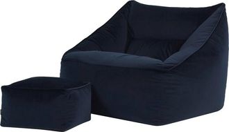 Icon Brand Pouf Fauteuil en Velours Natalia et Repose-Pieds, xxl Pouf Geant pour Salon, Pouf Poire Adultes, Bleu Minuit - Icon