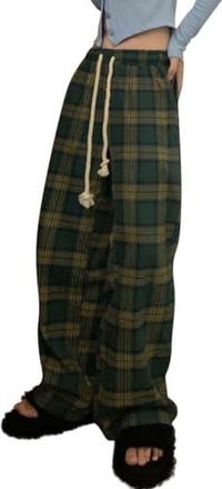 Minetom Femme Pantalon à Carreaux Taille Haute Elastique Pantalons Jambes Larges Casual Plaid Ample Sport Pants avec Poches E Vert XS