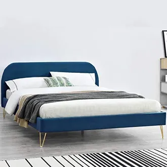 Concept Usine Lit Phoenix Double en Velours Bleu avec Sommier à Lattes 2 Places Intégrés - Couchage 160 x 200 cm - Cadre de Lit Scandinave Tendance 2 Personnes - Pi