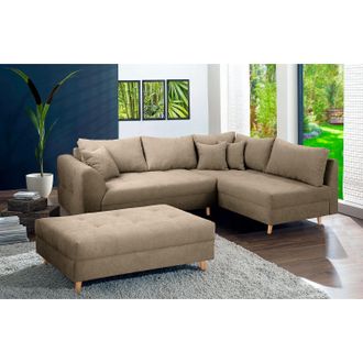 Norrwood home24 Ecksofa Meyford Beige Microfaser Enza 230 x 85 x 160cm Ottomane davorstehend rechts mit Hocker Skandi