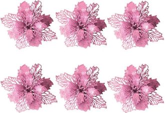 Lioobo Christmas Glitter Artificial Christmas Flower Pattern 6 Pieces Christmas Tree Flower Pattern Ornaments Xmas Party Decoration (Pink)