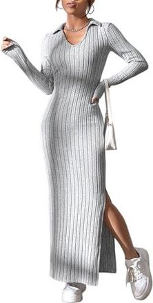 Generic Robe pull moulante mi-longue &agrave; manches longues en tricot torsad&eacute; c&ocirc;tel&eacute; col en V pour femme, gris, XXL