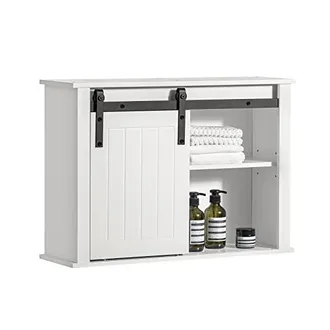 SoBuy Armoire Murale Salle de Bain, Placard Toilette Suspendu, Placard de Rangement, Meuble Haut Toilettes avec 1 Porte de Grange, 68 x 20 x 48 cm, Blanc, B