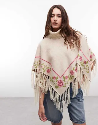 Daisy Street Boho-Poncho mit Blumenmotiv in Ecru-Wei&szlig;