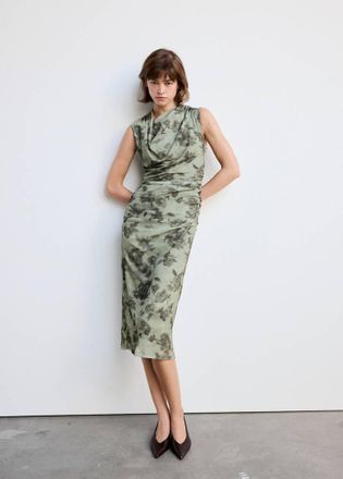 Mango Robe asym&eacute;trique fronc&eacute;e lat&eacute;rale vert - Femme - XS - MANGO