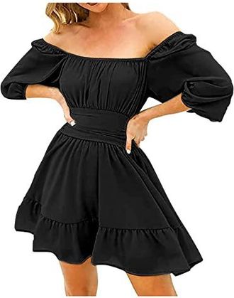 Generic Robes amincissantes en mousseline de soie &agrave; manches pour femmes, col droit, volants dans le dos, coupe ajust&eacute;e, longueur moyenne, 2026, Noir, M