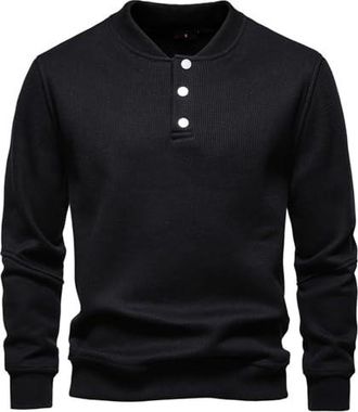 Generic Chemise Henley thermique en tricot gaufré pour homme, quart de bouton, col en V, coupe ajustée, pull Henley à manches longues pour homme, Noir, XXL