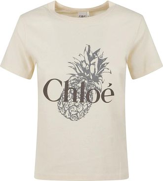Chlo&eacute; Femme, Tops, Beige, Taille: 38 FR T-shirt col rond avec impression ananas