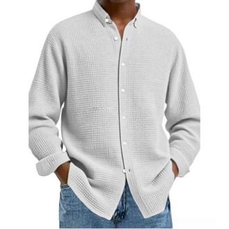 Generic Mokaloha Chemise &agrave; manches longues pour homme Motif gaufr&eacute; Style d&eacute;contract&eacute; Couleur unie Bouton gaufr&eacute; Chemise classique confortable, blanc, XXL