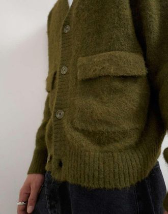 Topman gilet en maille coupe relaxed, duveteux, &agrave; double poche, kaki-Vert