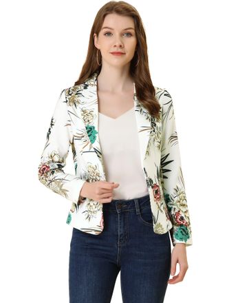 Allegra K Damen Offene Front Notch Revers Gedruckt Business Casual Anzug Blazer Jacke, Wei&szlig;blume, L