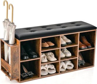 Costway Costway - Schuhbank mit Schirmst&auml;nder, mit verstellbaren Ablagen, 10 offene F&auml;cher, Sitzbank gepolstert, 110 x 30 x 52 cm, Vintage