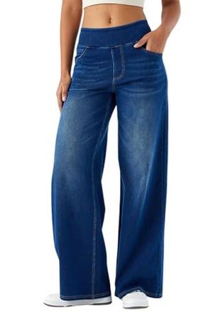 TOMWELL Pantalon Femme Taille Elastique Droite Straight Jeans Baggy Pantalon Large A Bleu Fonc&eacute; M