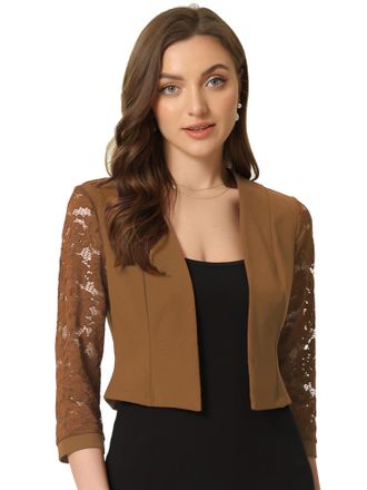 Allegra K Damen Cardigan Spitzen Bolero Vorne Offen Mesh Lang&auml;rm Arbeit Bauchfrei Shrug Strickjacke Braun XL