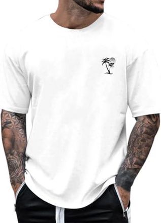 Generic T-shirt de sport décontracté et élégant pour homme, imprimé cocotier, col rond, manches courtes, respirant, pour le sport, la course à pied, la gym, b