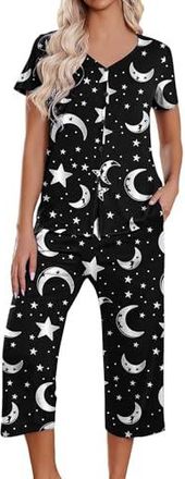 Generic Ensemble De Pyjama pour Femmes Dété Pyjama Femme T-Shirt Manches Courtes Et 7/8 Pantacourt Vêtements De Nuit Cotton Deux Pièces Respirant Léger Et Con