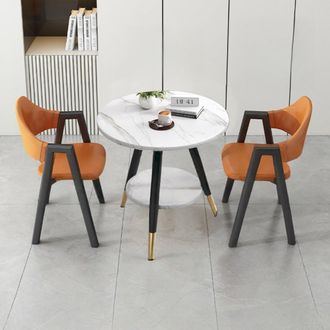 Generic Runder Empfangstisch Und 2 St&uuml;hle Im Set - Moderne Holzmaserung Mit PU-Ledersitzen for B&uuml;ro Oder Lounge(Orange Chairs+Faux Marble Table)