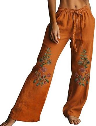 Generic Pantalon d&eacute;t&eacute; en lin pour femme - Long et a&eacute;r&eacute; - En coton et lin - Avec cordon de serrage - Broderie florale - Pantalon de loisirs - D&eacute;contract&eacute; - Con