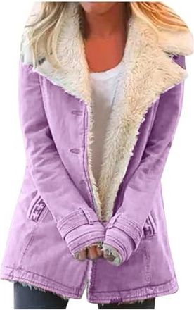 Generic Veste chaude doublée en peluche avec col à revers pour femme, manteau chaud doublé en fausse fourrure, manteau chaud dhiver coupe-vent, violet clair, 