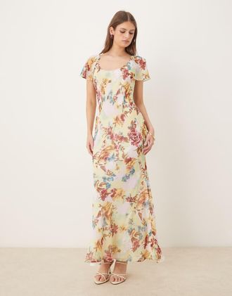 Asos Maxikleid in Gr&uuml;n mit Blumenmuster, R&uuml;schen&auml;rmeln und U-Ausschnitt-Bunt