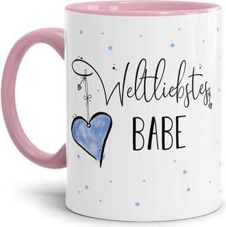 Tassendruck Tasse mit Spruch - Weltliebstes Babe männlich - Geschenk für Freund, Partner und liebsten Mann - Innen & Henkel Rosa, 300 ml