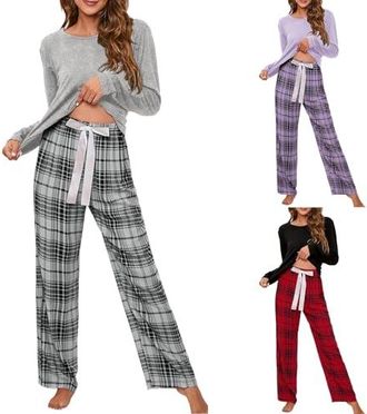 Generic Ensemble de pyjama &agrave; carreaux pour femme, ensemble de pyjama 2 pi&egrave;ces tendance et d&eacute;contract&eacute;, v&ecirc;tement de d&eacute;tente adorable, v&ecirc;tement de d&eacute;tente confo