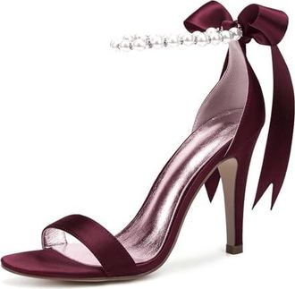 Generic Sandales À Talons Hauts Femmes Satin Chaussures De Mariée Mariage Dress Fête Peep Toe Hauts Talons10.5Cm,Burgundy,40 EU
