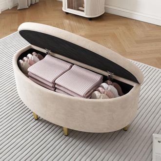 STILVORA Banquette Coffre Rangement avec Assise Rembourr&eacute;e Confortable, Design Europ&eacute;en &Eacute;l&eacute;gant pour Salon, Pieds M&eacute;tal et Tissu en Velours, Beige