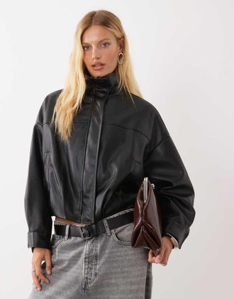 Mango veste en imitation cuir &agrave; col montant noire
