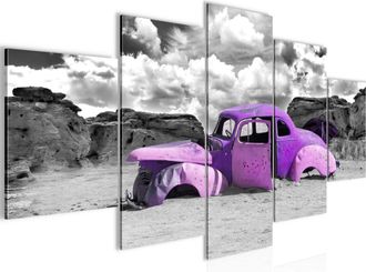 Runa Art Bild Wohnzimmer Auto Oldtimer 5 Teilig Retro Grau Lila Wandbilder auf Vlies Leinwand 011253a