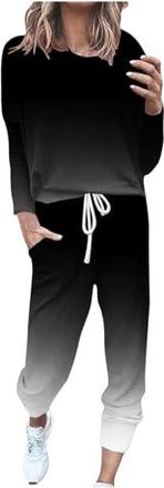 Generic Ensemble haut et pantalon ample &agrave; manches longues pour femmes, couleur d&eacute;grad&eacute;e, col rond, d&eacute;contract&eacute; (Black, XXL)