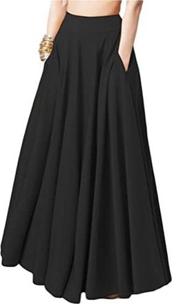 ORANDESIGNE Jupe Longue Femme Ete Taille Elastique Maxi Jupe Fluide Boho Rétro Mode Élégant Couleur Unie Jupe Plissee Trapeze Plage Casual Skirt Ete D Noir XXL