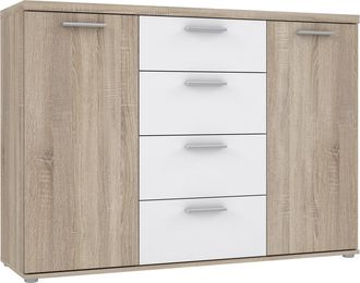 Möbelando Sideboard >Winnie< in Sonoma Eiche Dekor/Weiß (129,6x93x38 cm) bietet 4 Schubladen, 2 Einlegeböden und modernen Stauraum. Zerlegt geliefert, stabile K