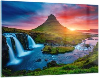 Arttor Wandbilder Dekoration Wohnzimmer Sonnenuntergang Wasserfall Island Vulkan Bilder auf Glas 120x80cm Glasbild Schlafzimmer Küche Deko Wand Kunstdruck Ar