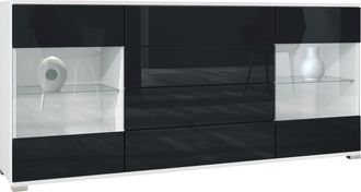 Vladon Sideboard Bari V2, Kommode mit 2 gro&szlig;en T&uuml;ren und 4 Schubladen, Wei&szlig; matt/Schwarz Hochglanz (166,5 x 75,5 x 35)