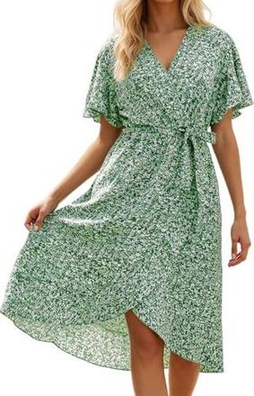 Generic Robe boh&egrave;me 2026 pour femme, robe fluide &agrave; imprim&eacute; fluide avec encolure asym&eacute;trique et ceinture nou&eacute;e &agrave; la taille, longueur mi-longue, d&eacute;contract&eacute;e, V