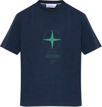 Stone Island Homme, Tops, Bleu, Taille: S T-shirt avec logo imprim&eacute;